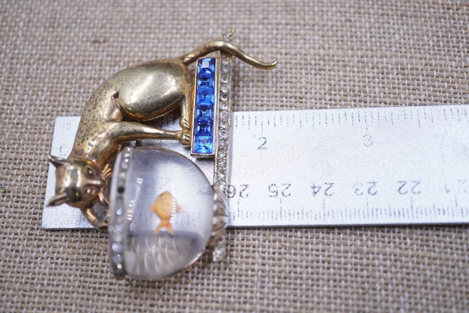 Vtg ANTHONY AQUILINO 1946 Cat on Fishing in JELLY BELLY BOWL Sterling ...