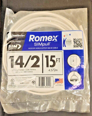 NEW Southwire Romex SimPull 15 ft. 14/2 Indoor Wire/Copper NM-B Cable ...