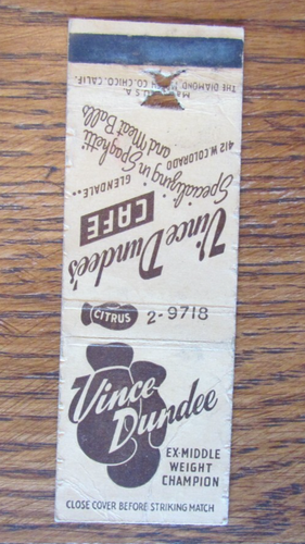 BOXING MATCHBOOK COVER: CHAMPION BOXER VINCE DUNDEE GLENDALE, CA ...