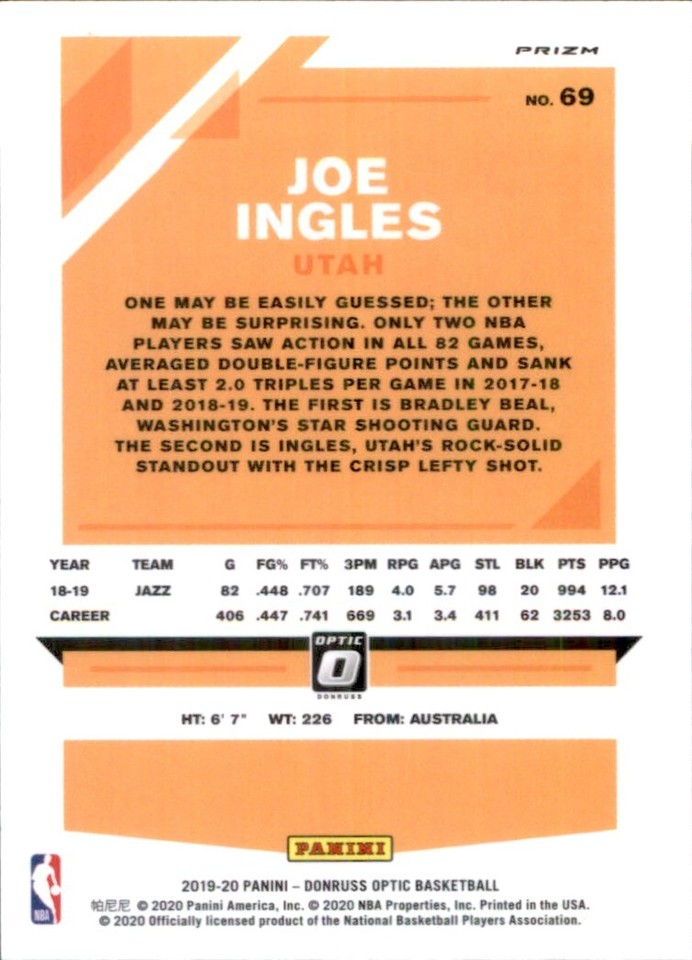 2019-20 Donruss Optic Hyper Pink Joe Ingles Utah Jazz #69 | eBay