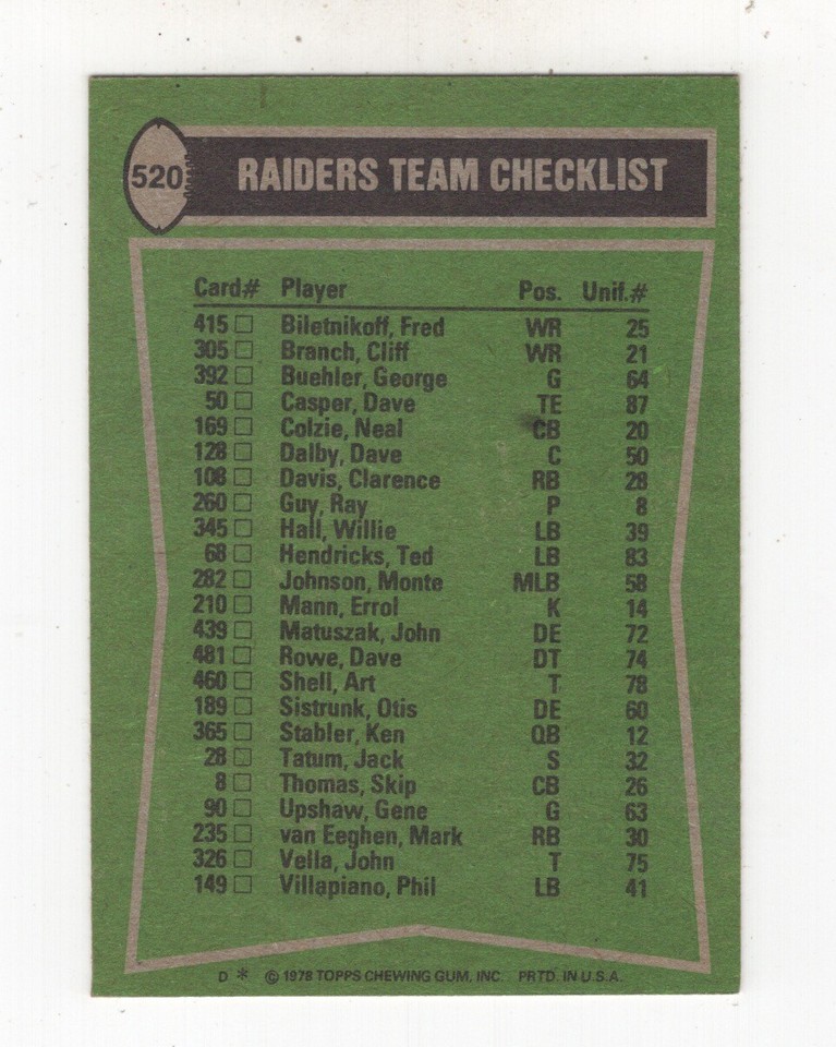 1978 TOPPS FOOTBALL OAKLAND RAIDERS PICK YOUR PLAYER | eBay