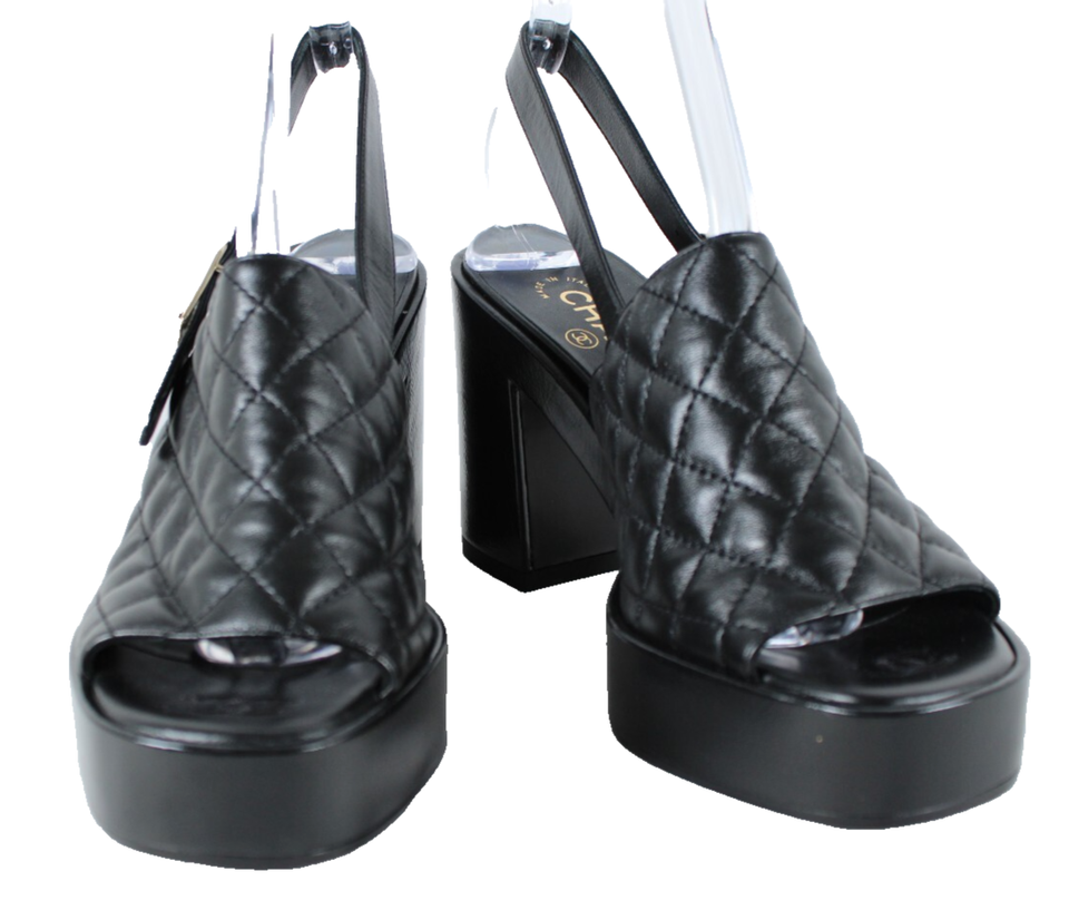 CHANEL 2024 24S 24P Black Quilted Leather CC Logo Platform Heels ...