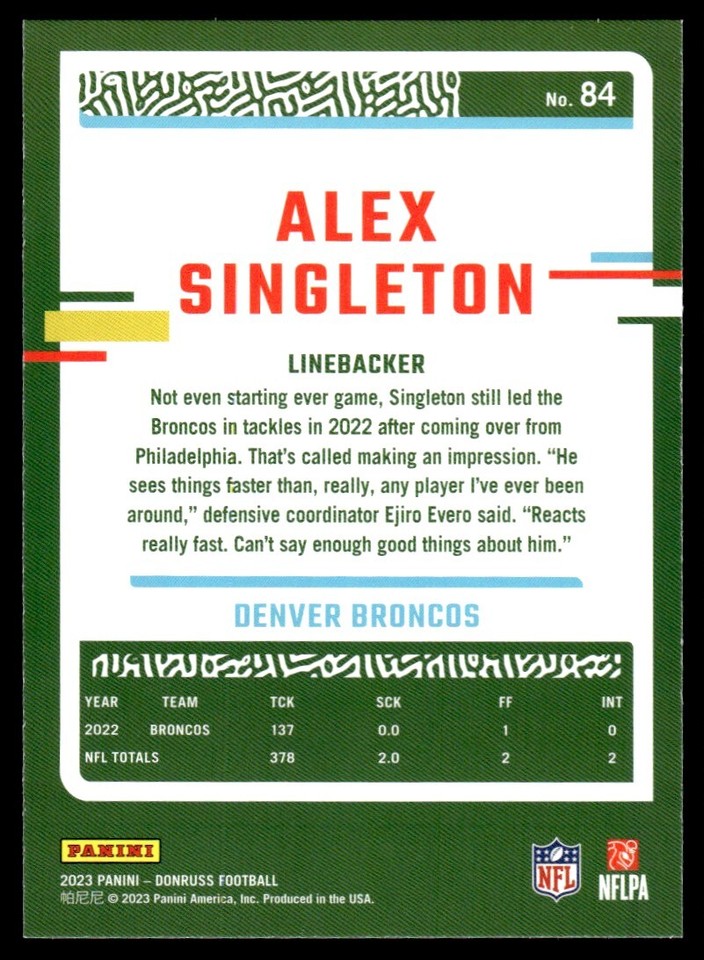 2023 Donruss Blue Alex Singleton Denver Broncos #84 | eBay