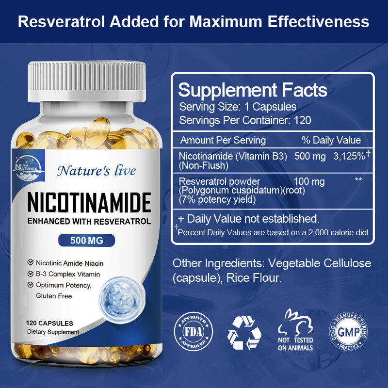 Nicotinamide + Resveratrol Supplement - 120 Capsules - Anti-aging ...