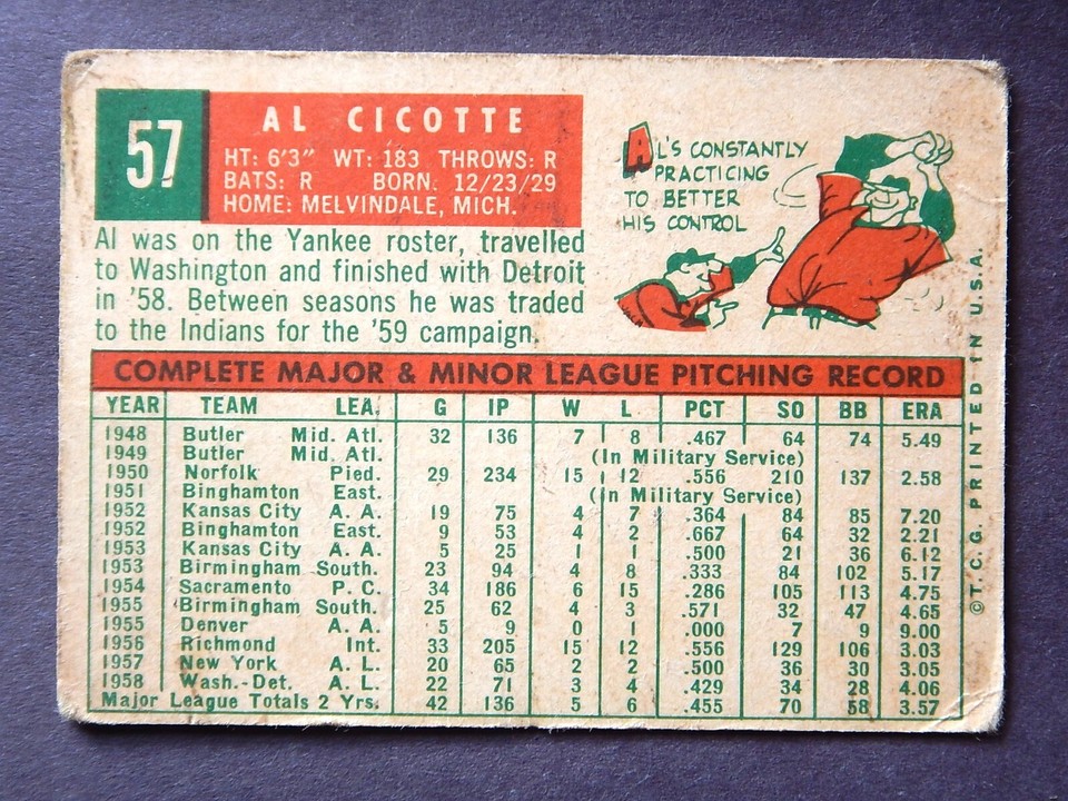 Al Cicotte #57 Topps 1959 Baseball Card (Cleveland Indians) A | eBay
