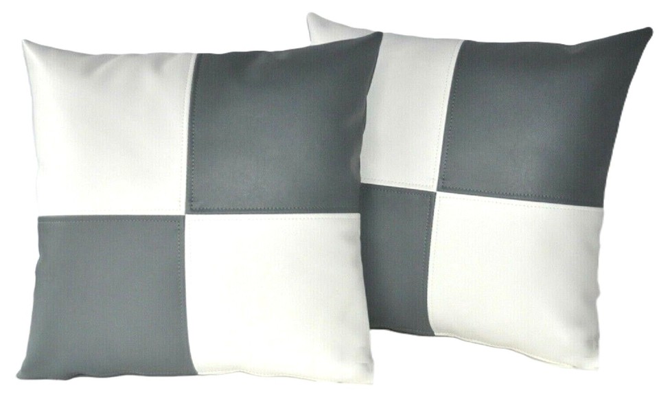 2 Grey & White Check Faux Leather Cushion Covers 16" 18" 20" Scatter ...