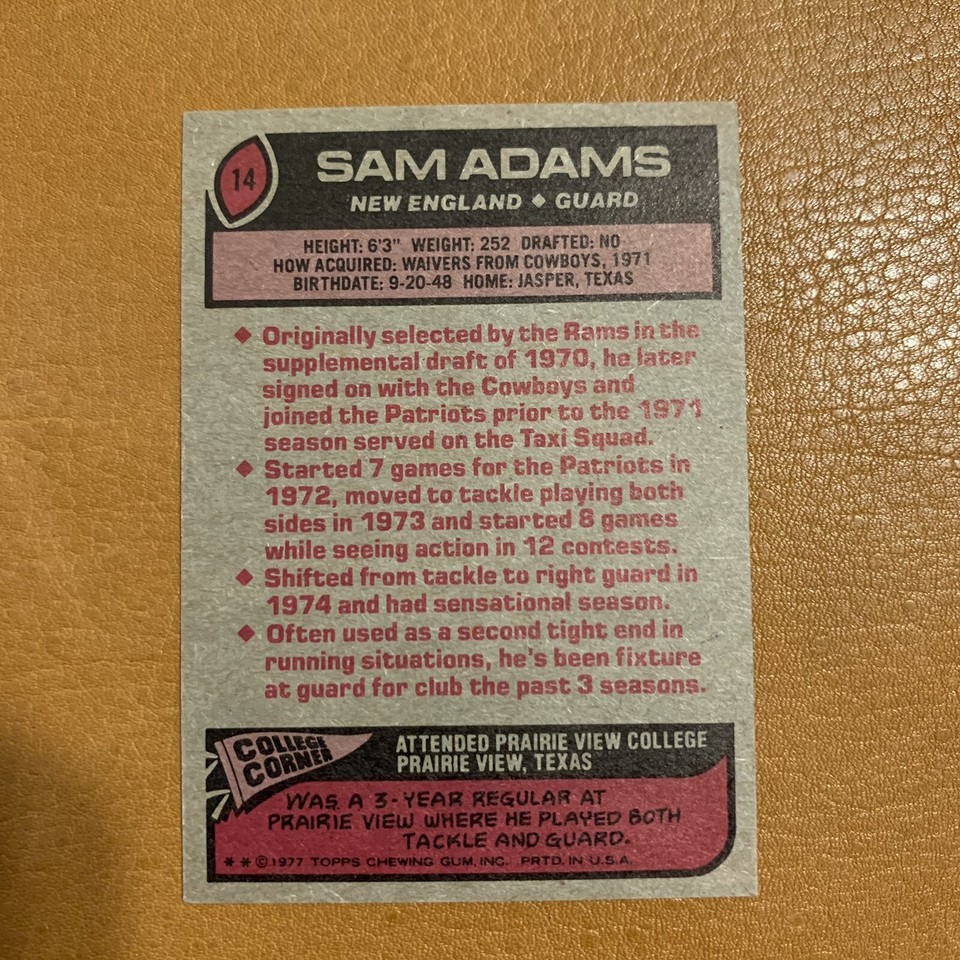 1977 Topps Sam Adams # 14 New England Patriots NFL Football Card | eBay