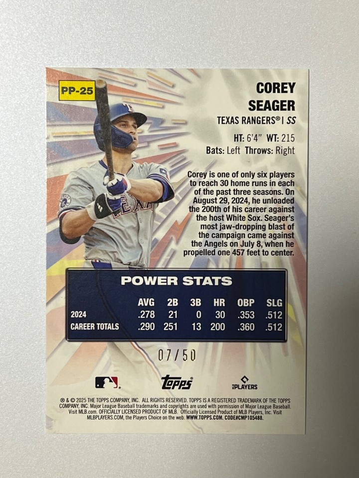 2025 Topps Series 1 Corey Seager Power Players /50 #PP-25 | eBay