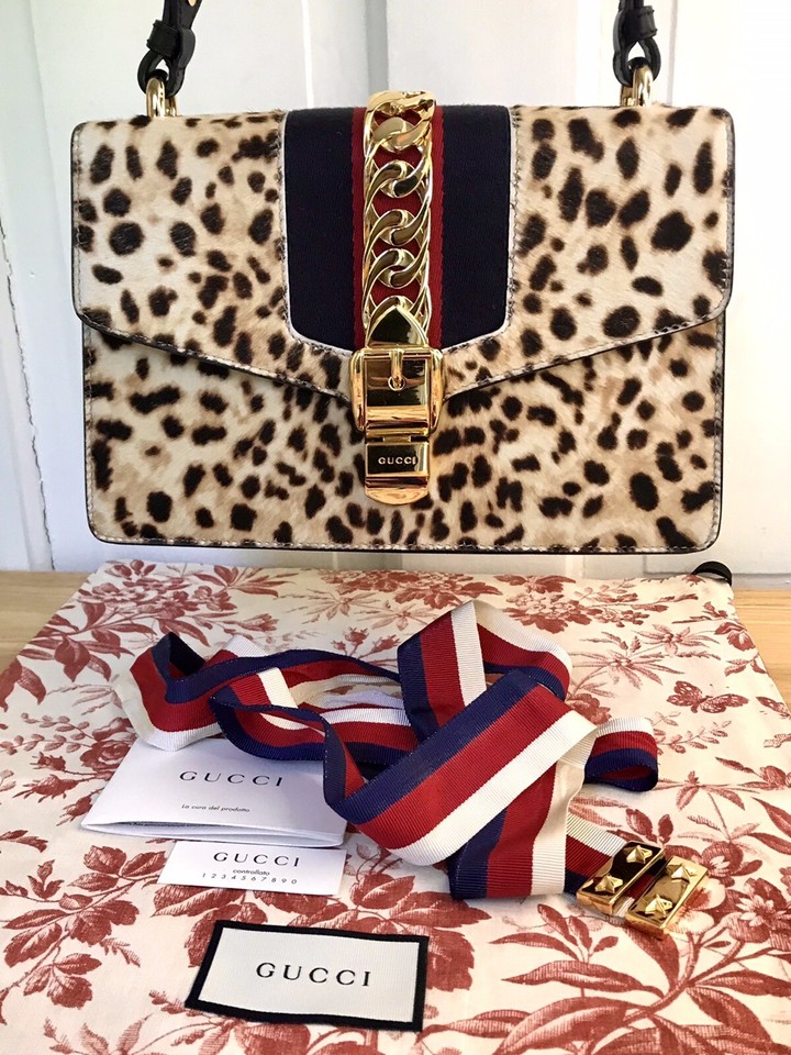 Gucci Leopard Fur Sylvie Handbag Small Nymphaea 2 Way Web Tote Bag | eBay