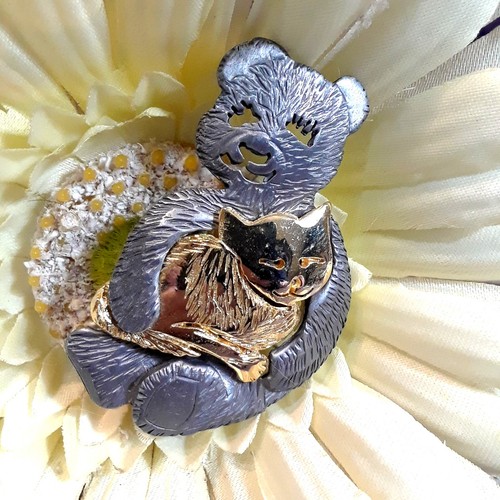 Vintage Ultra Craft Pewter & Gold-Tone Bear And Cat Brooch Pin | eBay