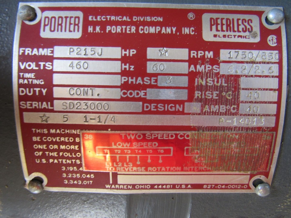 PEERLESS ELECTRIC / PORTER MOTOR P215J 1750/830RPM 460V 60HZ 3PH 5.25HP | eBay