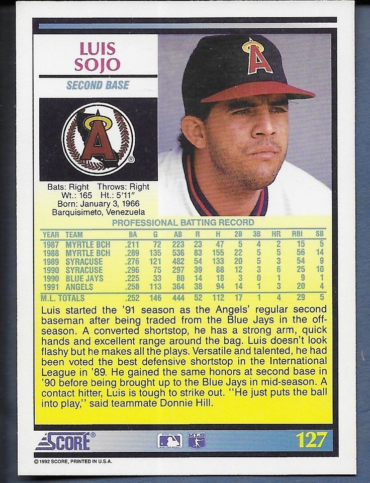 1992 Score #127 Luis Sojo Angels NM | eBay