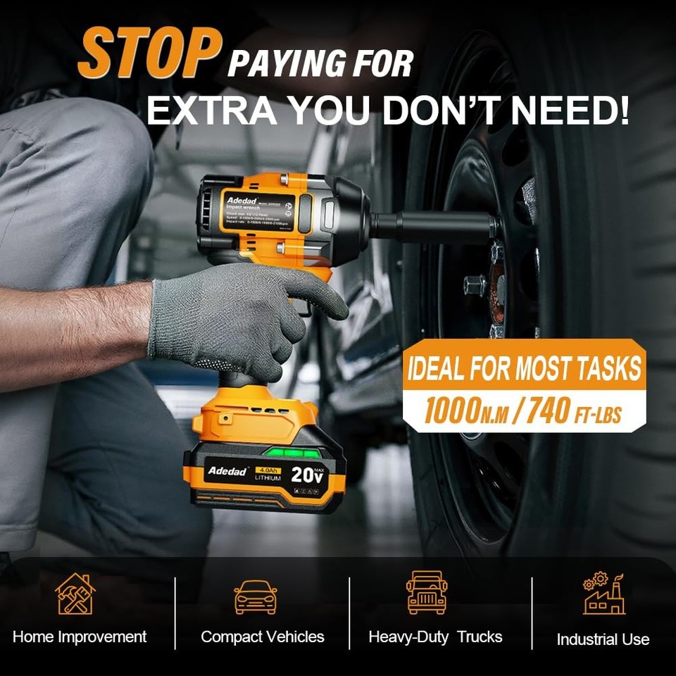 1000N.m Cordless Impact Wrench 1/2 inch,20V 740ft-lbs High Torque ...