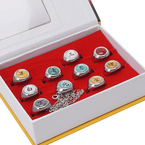 Naruto Akatsuki Rings Set 10pcs With Chain Cosplay Itachi Sharingan Box ...