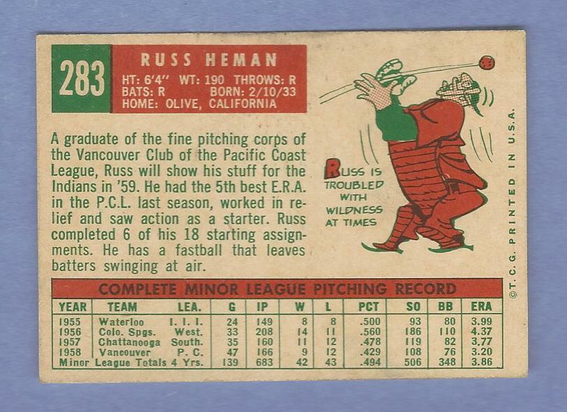 1959 Topps - #283 Russ Heman - Cleveland Indians - ExMt+ CENTERED | eBay