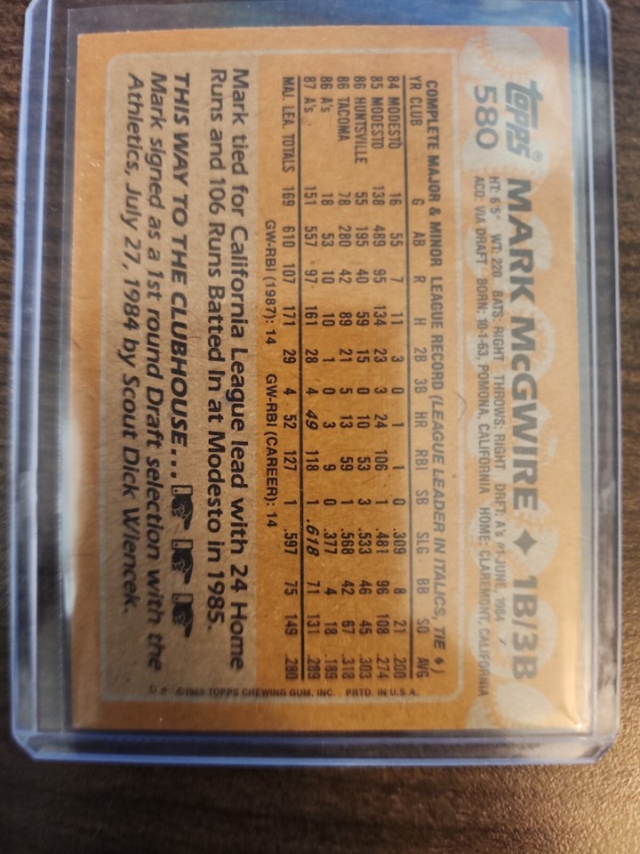 Mark McGwire All-Star Rookie #580 ‘88 Topps Baseball (Error Card ...