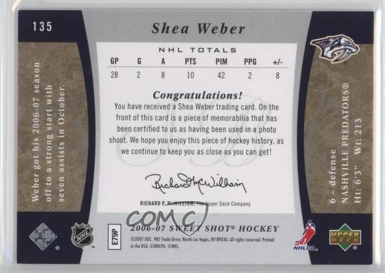2006-07 Upper Deck Sweet Shot Beginnings /499 Shea Weber #135 Rookie RC ...