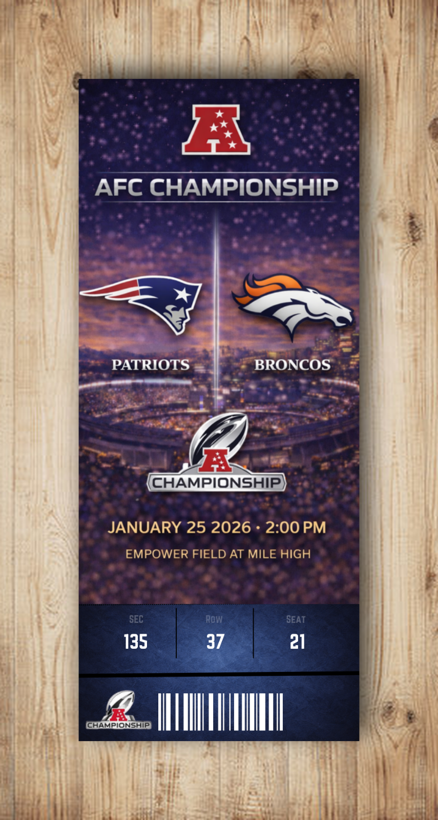 NE Patriots vs Denver Broncos 2026 AFC CHAMP Custom Replica Ticket Stub ...