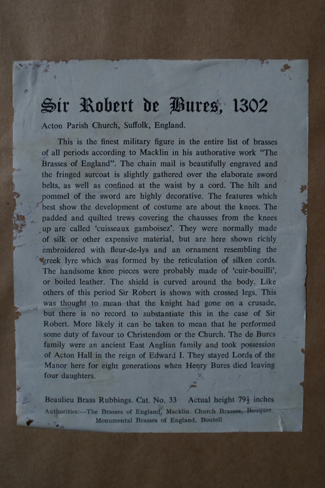 old vintage knight Sir Robert de Bures Beaulieu Brass Rubbings framed ...