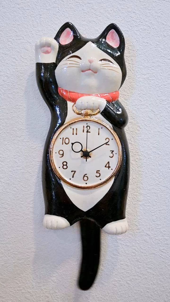 Japan Lucky Cat Manekineko Pendulum Wall Clock Hachi Black&White Seto ...