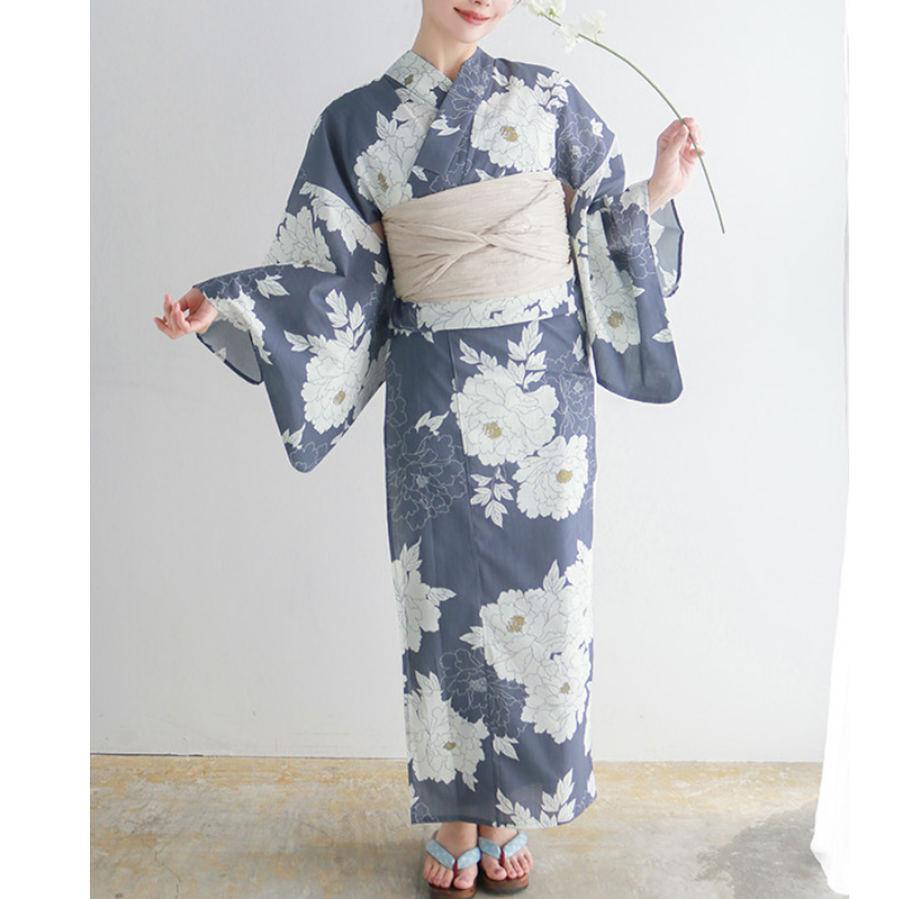 Yukata Summer kimono Separated type 4-piece set Peony Navy Blue Japan ...