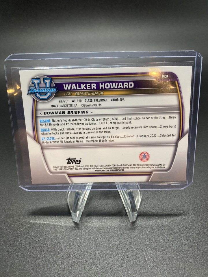 Walker Howard Rookie Card RC 2022 Bowman Chrome U University #92 LSU ...