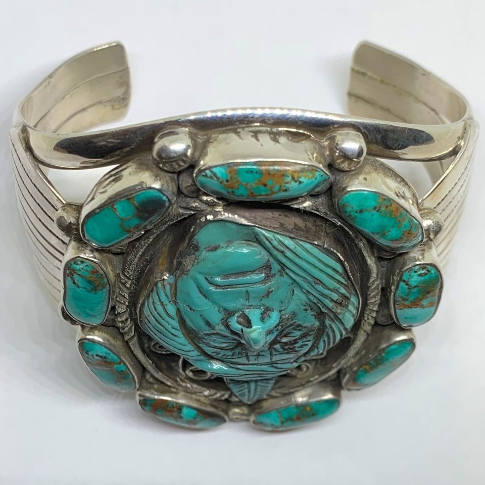 Carved Turquoise Native American Brave + Stones 925 Silver Cuff ...
