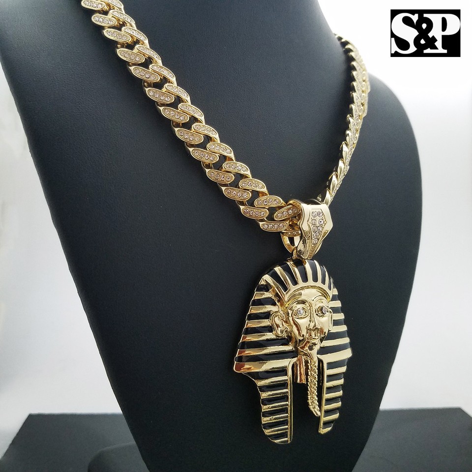 Hip Hop Egyptian Pharaoh Pendant & 12mm 24" Full Iced Cuban Link Chain ...
