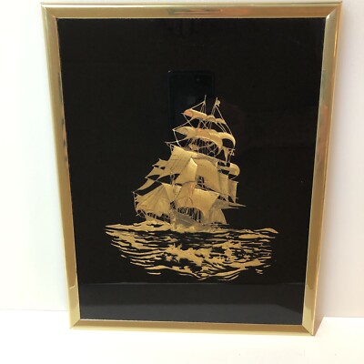 Vintage 1980s KAFKA Industries Gold Foil Sailing Ship In Frame Nautical ...