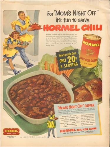1952 Vintage ad for Hormel Chili Con Carne Art Aprons Yellow Recipe ...