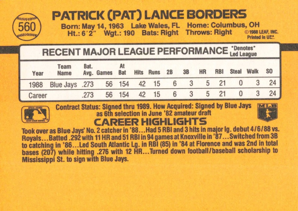 Pat Borders Toronto Blue Jays 1989 Donruss Baseball Trading Card #560 ...