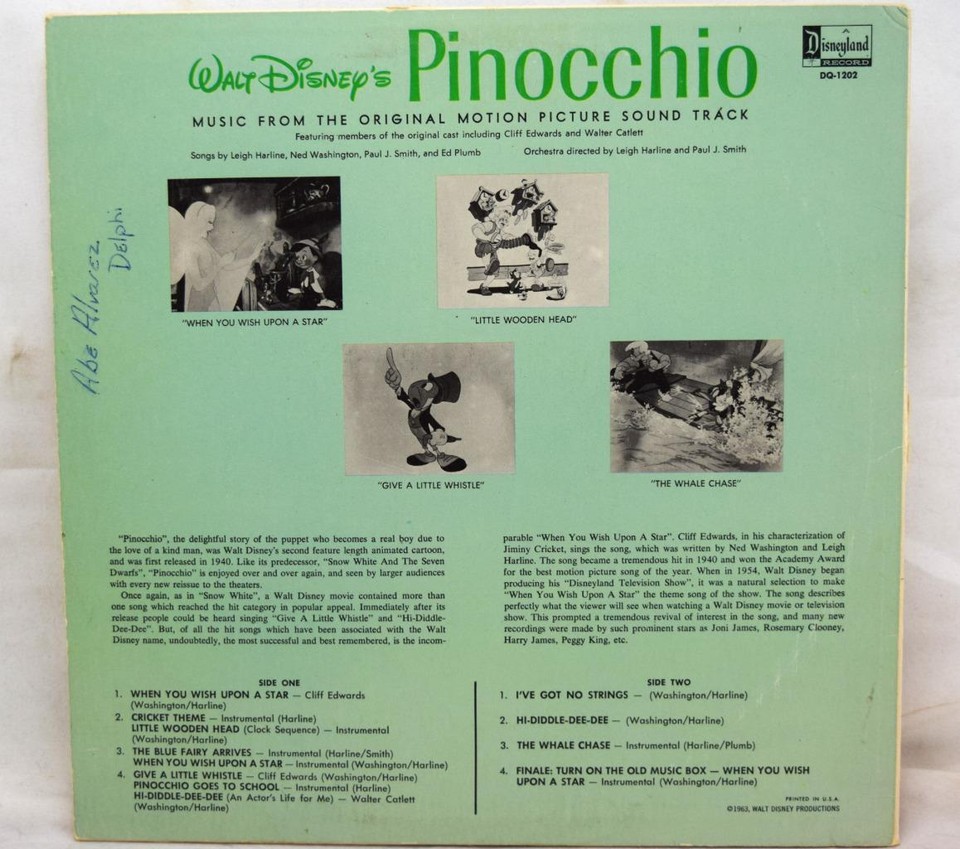All The Songs From Walt Disney's Pinocchio LP | eBay