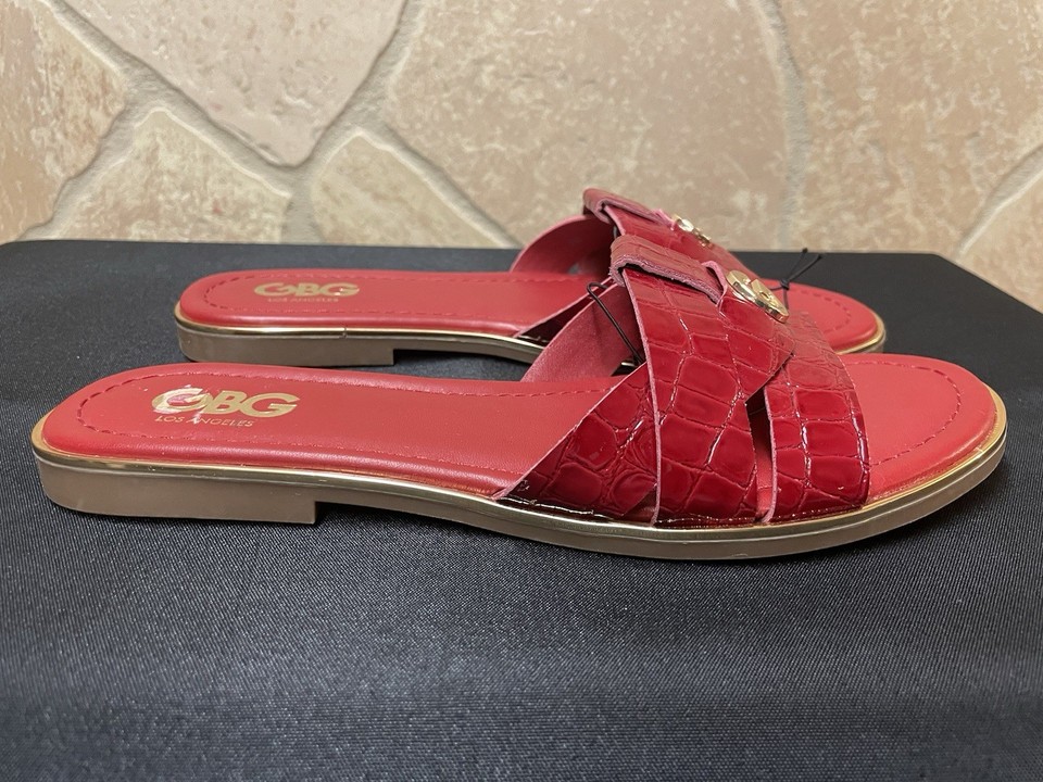 GBG Los Angeles Flat Sandals Slides Red Croc Print with Logo Women’s ...