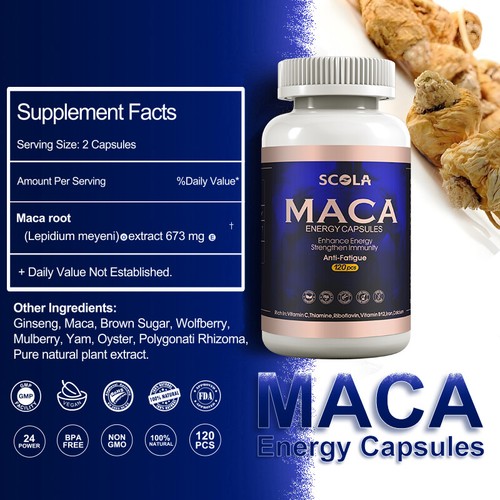 Maca Root 120 Capsules High Potency Organic Pills For Men,Women Energy ...