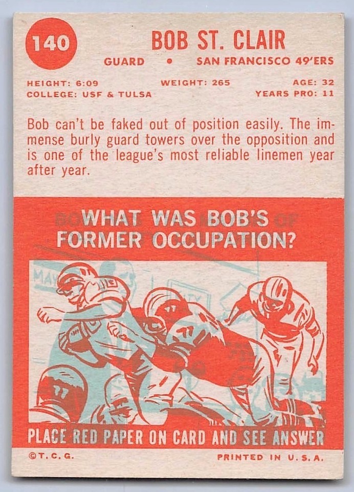1963 BOB ST. CLAIR - Topps Football Card - # 140 - SAN FRANCISCO 49ers ...