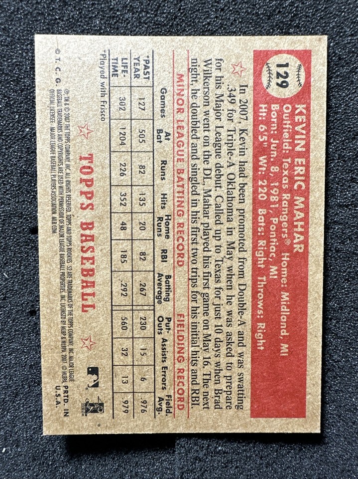 KEVIN MAHAR #129 2007 Topps '52 Rookies QTY Texas Rangers | eBay