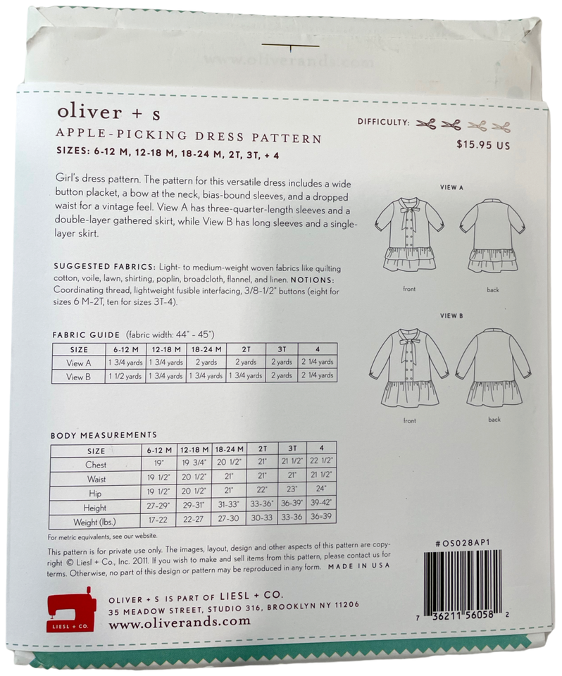 OLIVER+S - APPLE-PICKING GIRLS DRESS Pattern Sz 6-12M, 12-18M, 18-24M ...
