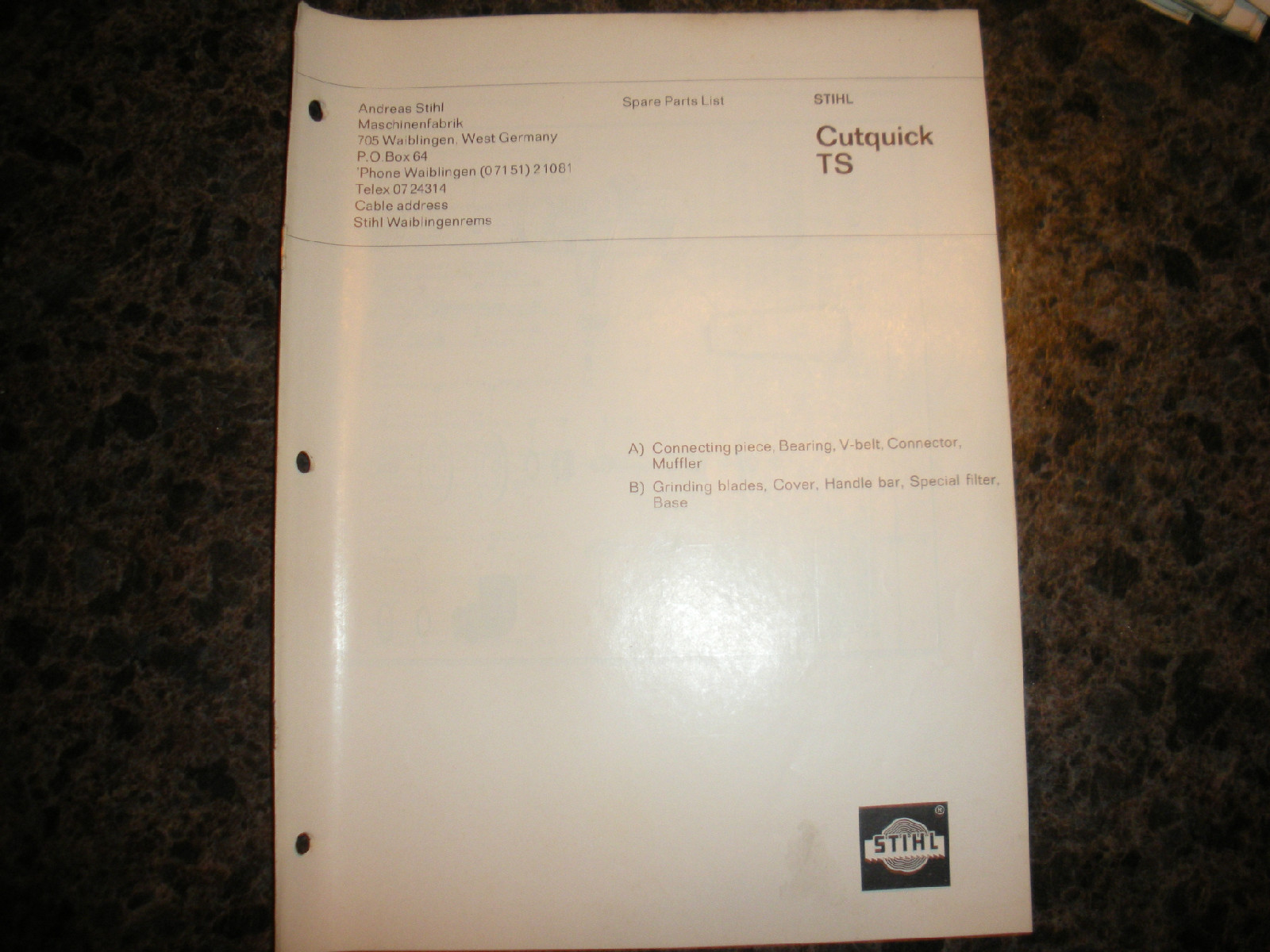 early 70s orig stihl ts cutquick dealer parts illustrated manual,stihl ...