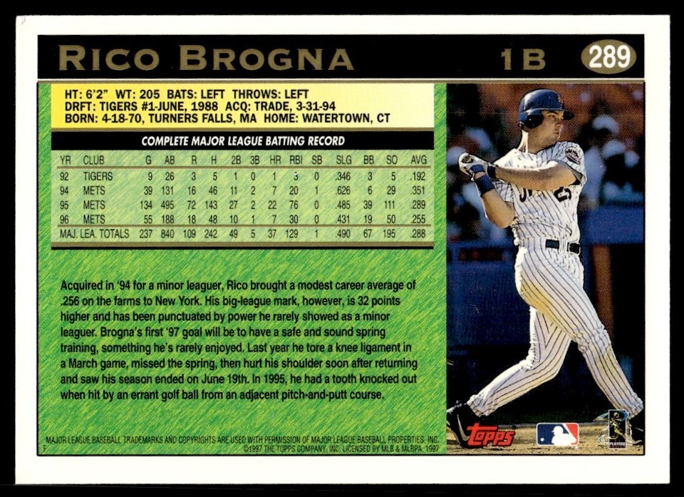 1997 Topps Baseball Card Rico Brogna New York Mets #289 | eBay