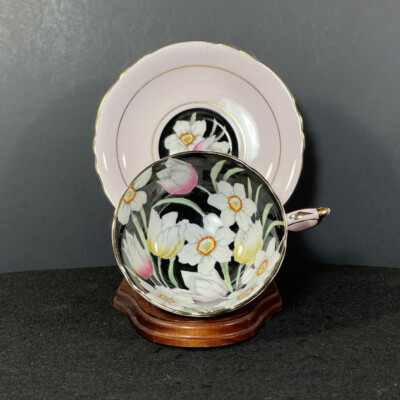 Paragon Daffodils Tulips Double Warrant Teacup & Saucer Black Gold ...