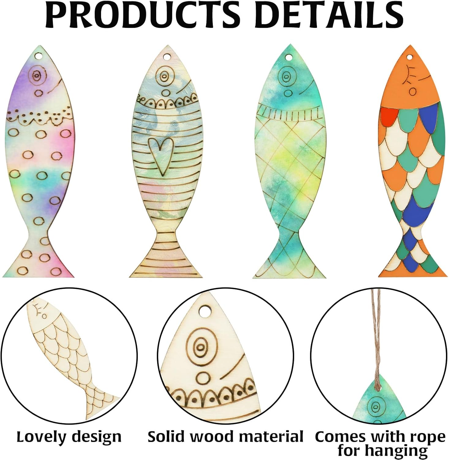 36Pcs Wooden Fish Decor Cutouts - 4 Styles DIY Crafts to Paint Shapes ...