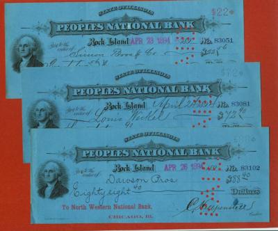 Rock Island IL (3) 1894 Bank Checks-Peoples National Bank -George ...