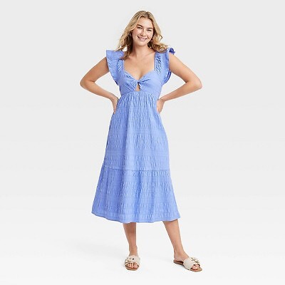 Women's Flutter Short Sleeve Midi A-Line Dress - Universal Thread Blue M
