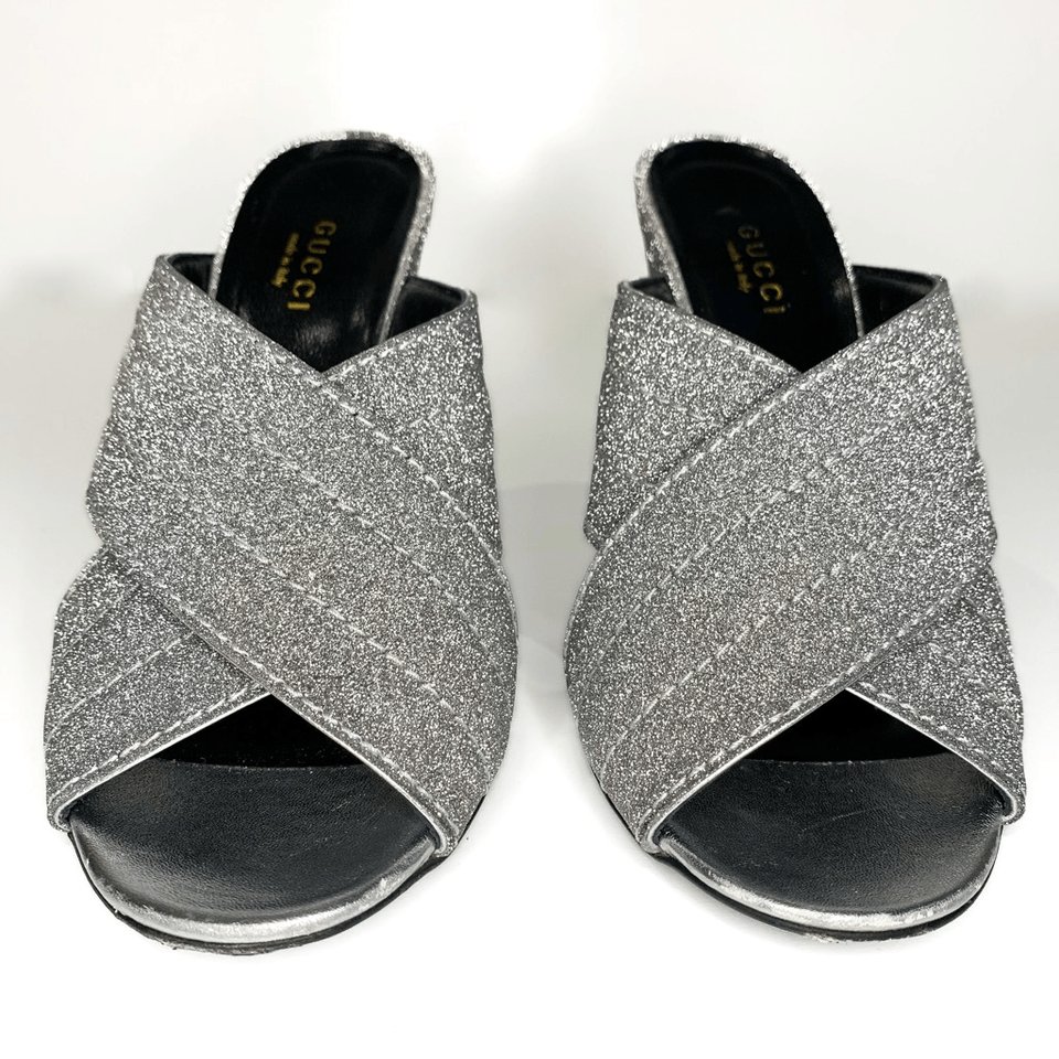 Gucci Webby Mules EU 36.5 US 6.5 Silver Glitter Block Heel Criss Cross ...