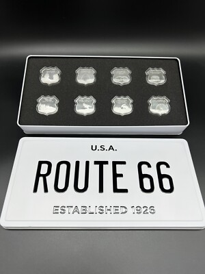 SET ( 8 ) “ICONS OF ROUTE 66” 1 OZ .999 FINE SILVER SHIELDS IN ...