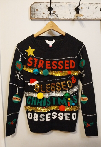 Juniors 3-5 Womens Black Stressed Blessed Christmas Obsessed Holiday ...