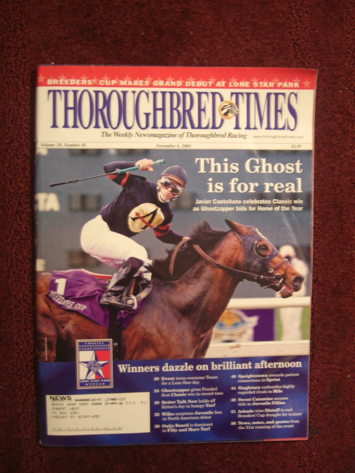 2004 - November 6th Thoroughbred Times Mag. - GHOSTZAPPER on the cover ...