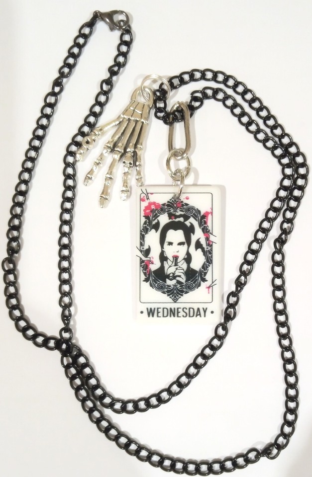 Unique *Wednesday Addams* skeleton hand charm black chain necklace ...