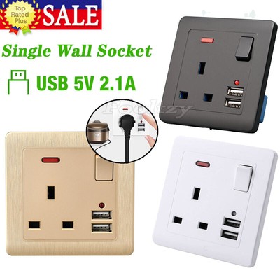 13A Single Wall Plug Socket 1 Gang with 2 USB Charger Port Electrical ...