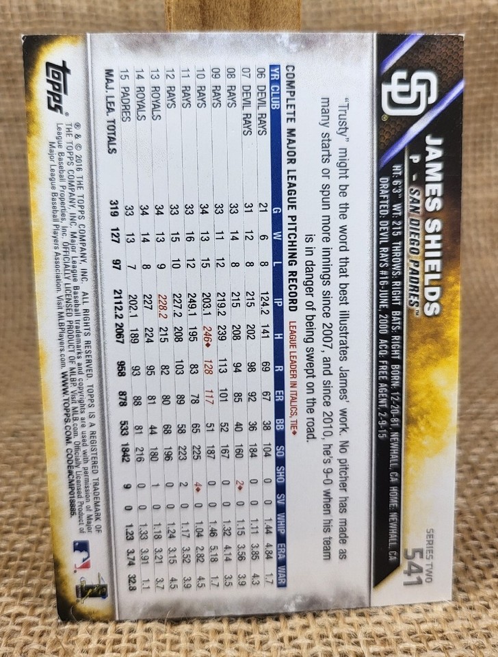 2016 Topps Series 2 James Shields Baseball Card #541 Padres FREE S&H A8 ...